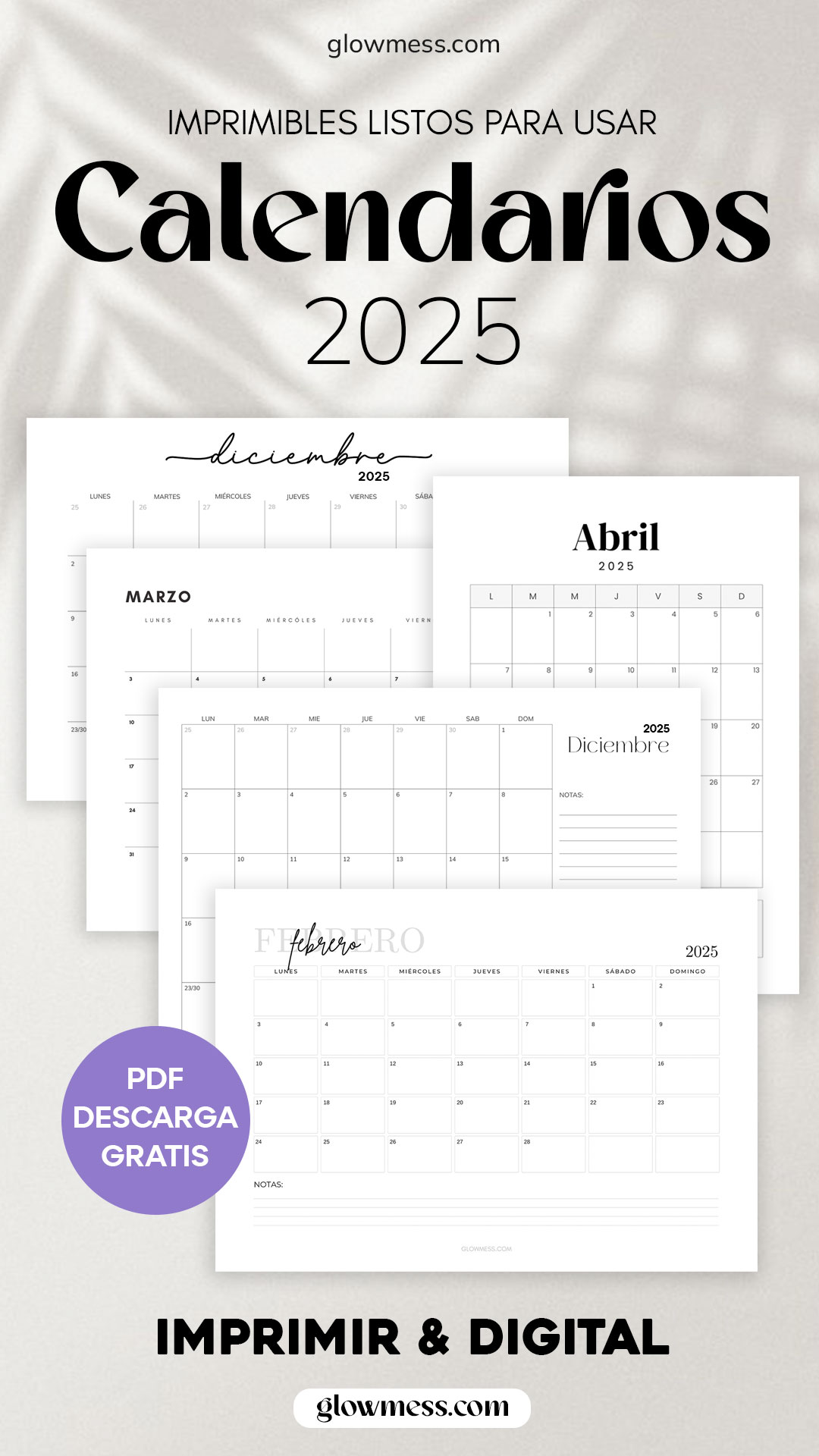 Calendario para Imprimir 2025 ¡Nuevos Diseños Minimalistas!